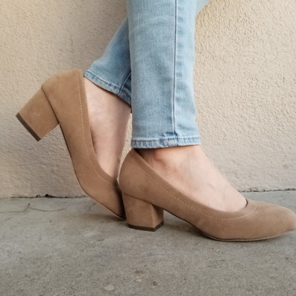 Shoes | Taupe Vegan Suede Round Toe Chunky Heel Pump | Poshmark